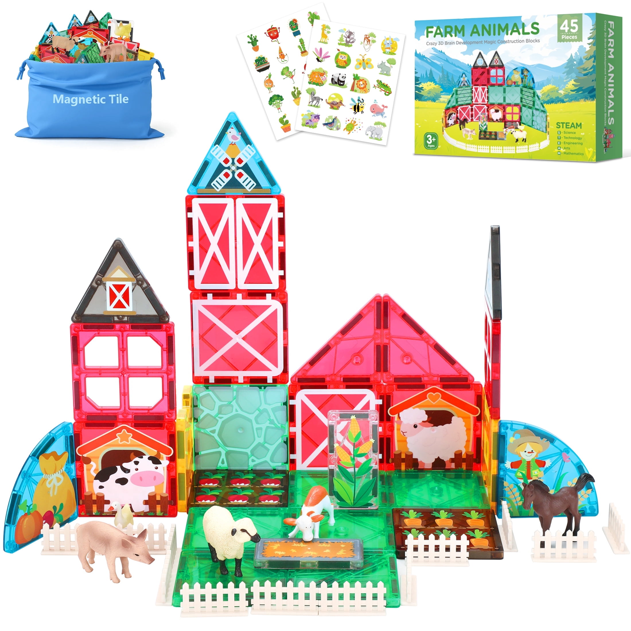 Magnetic Tiles Farm Animals Kids Toys Magnet Building Blocks Garden Set ...