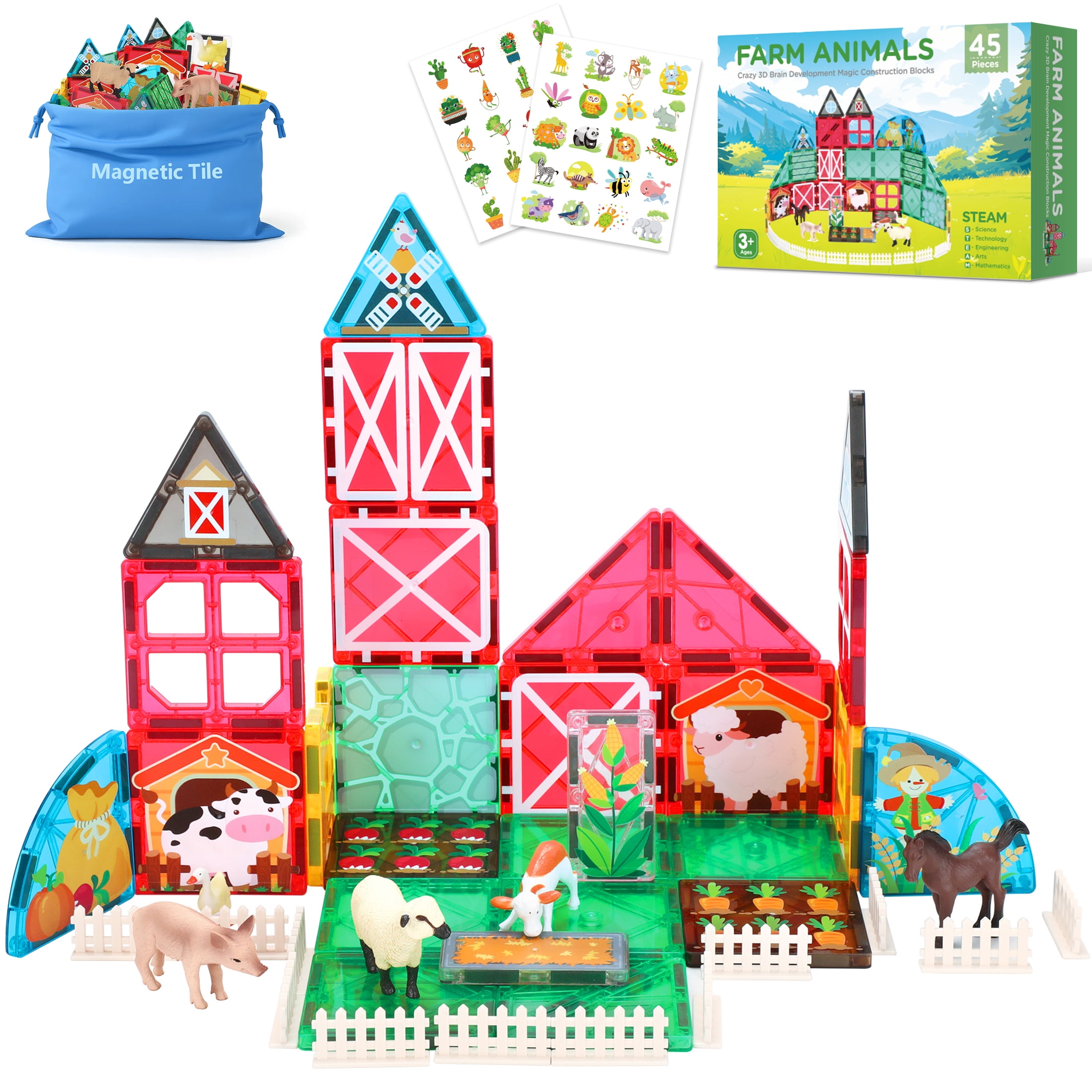 Magnetic Tiles Farm Animals Kids Toys Magnet Building Blocks Garden Set ...