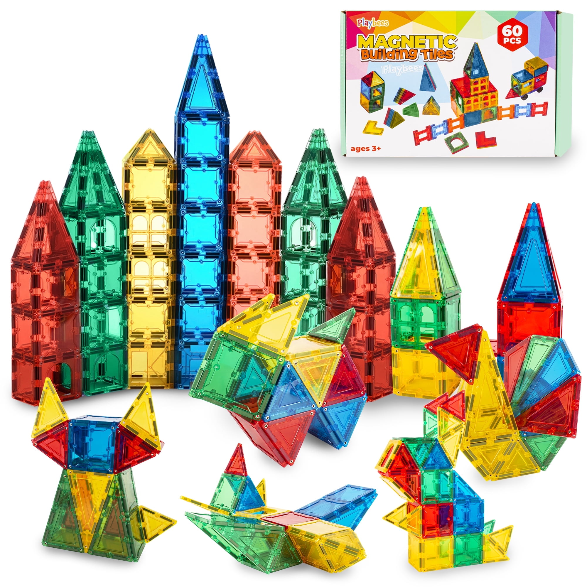 Magnetic Tiles for Kids Ages 3 4 5 6 7 8-60 Piece Magnetic Building ...