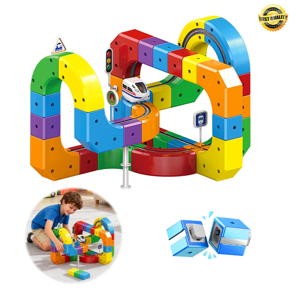Magnetic Track Car Toy Set, Magnetic Electric Train Set, Snap-On Blocks ...