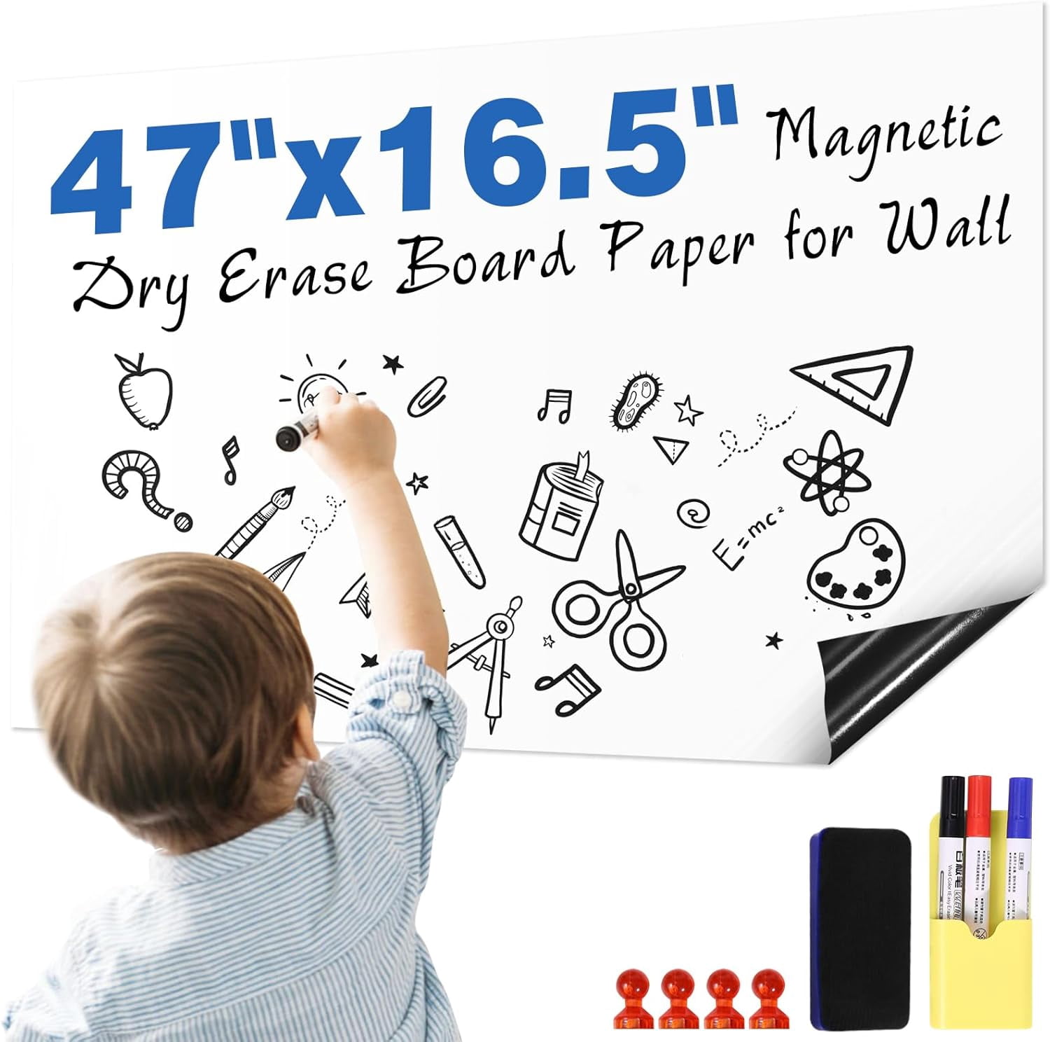 Magnetic White Board Sticker Adhesive 47"x16.5" Dry Magnetic Erase ...