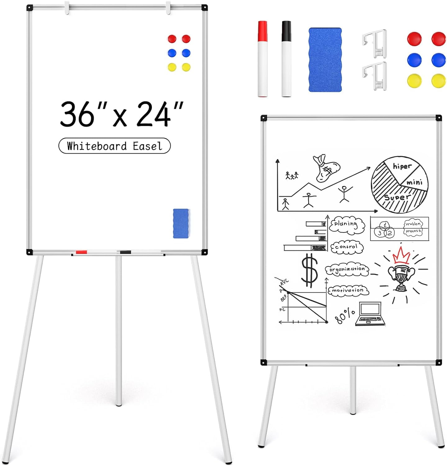 Magnetic Whiteboard Easel Stand, Dry Erase 36 x 24 White Board with ...
