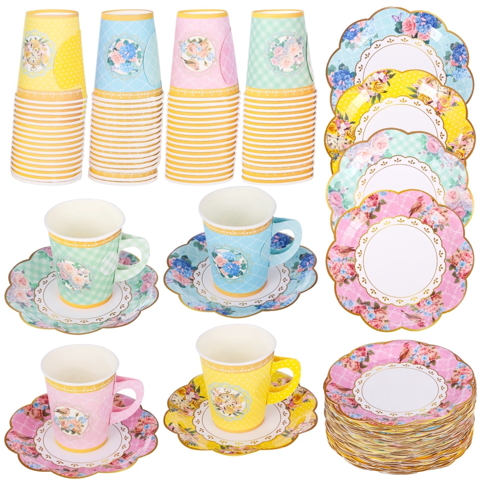 Bangcool 96 Sets Disposal Paper Floral Tea Cups and Saucers, Tea Party ...