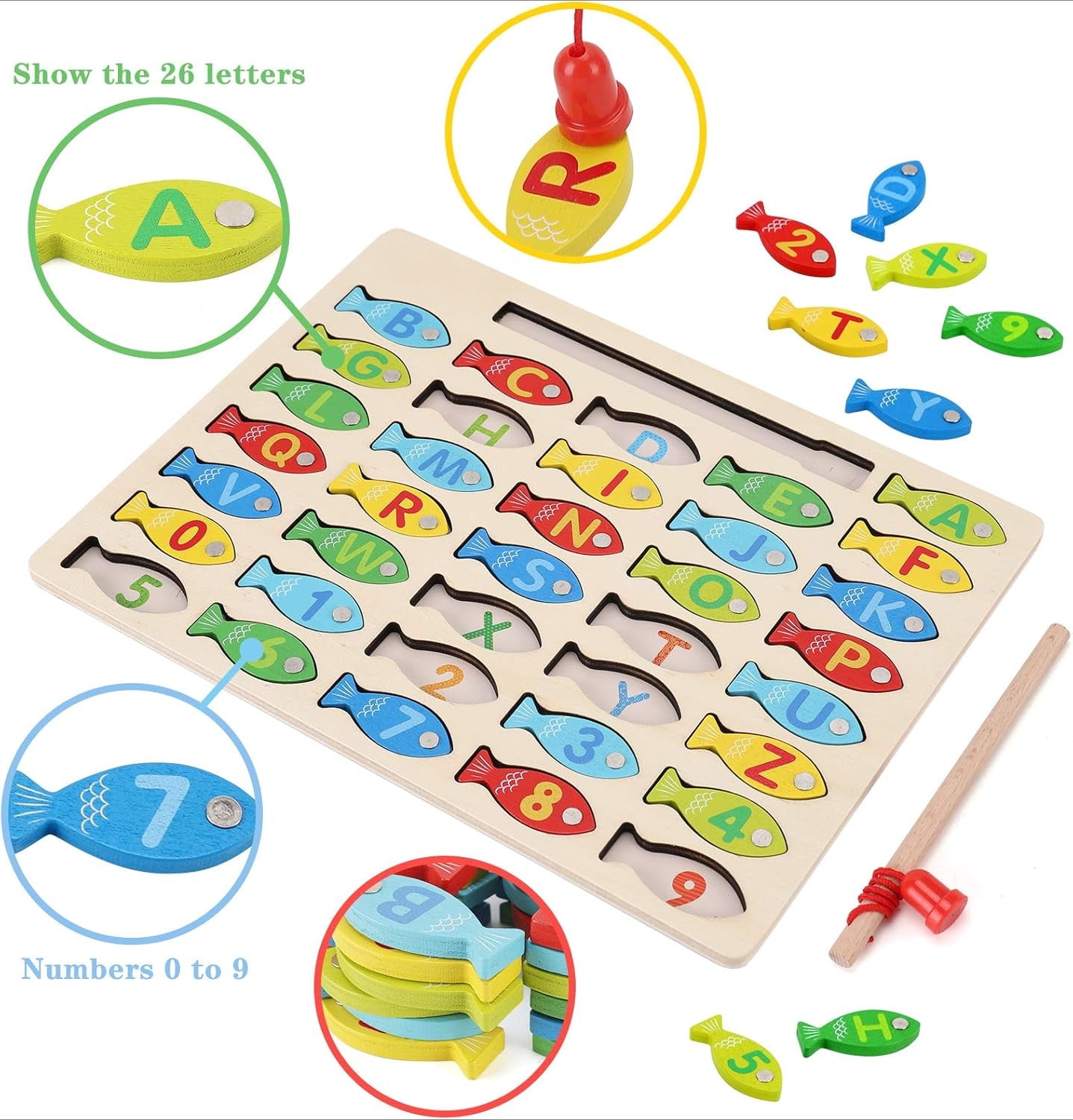 Magnetic Wooden Fishing Game Toy for Toddlers, Alphabet Fish Catching ...