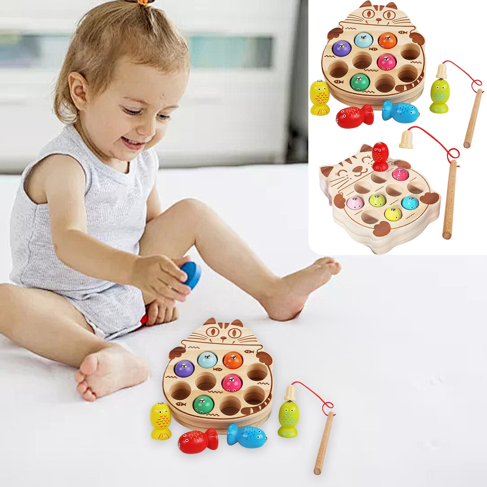 Magnetic Wooden Fishing Toy Set | Natural Wood Interactive Fine Motor ...