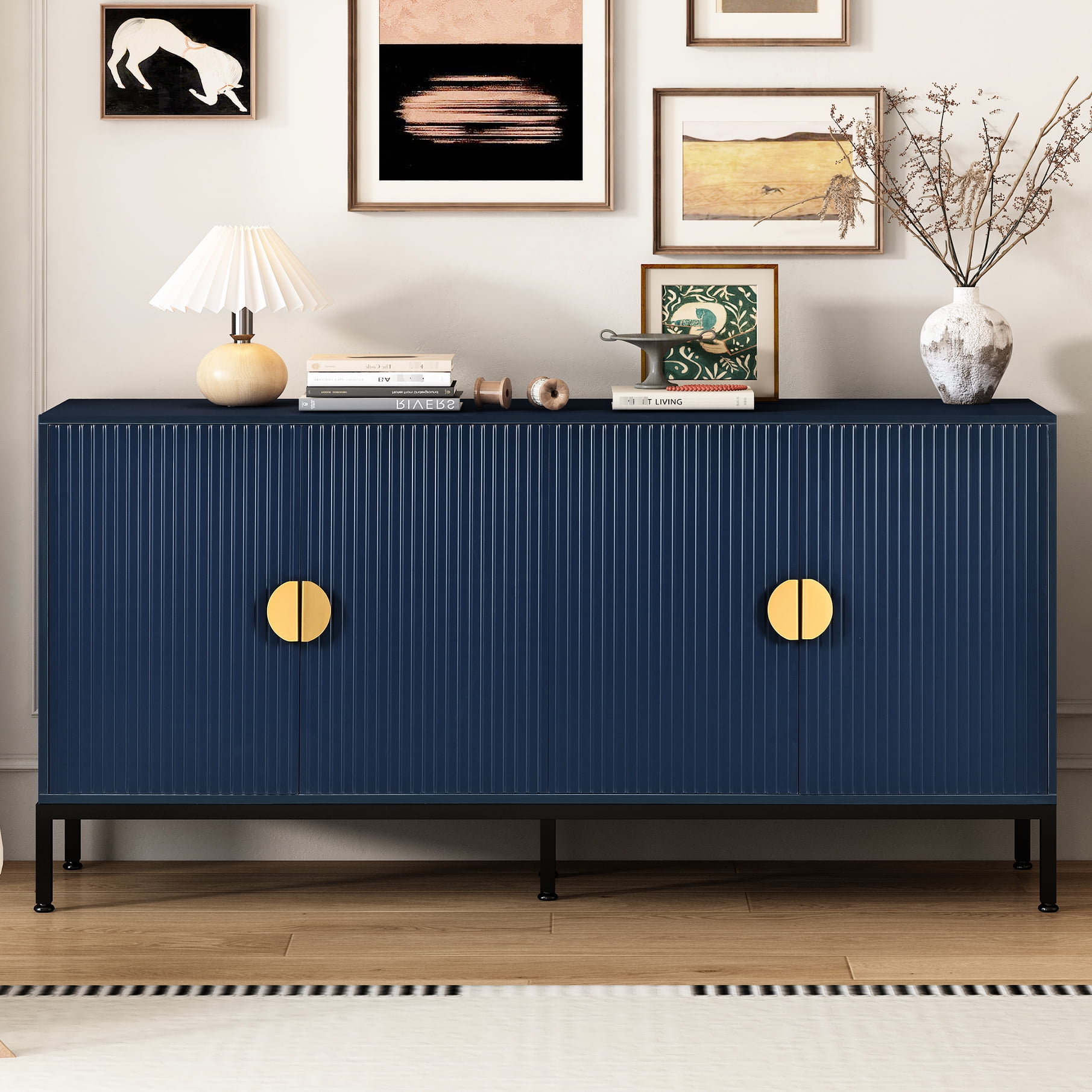 Magnificent Navy Blue Sideboard With Vertical Stripes And Metal Legs ...