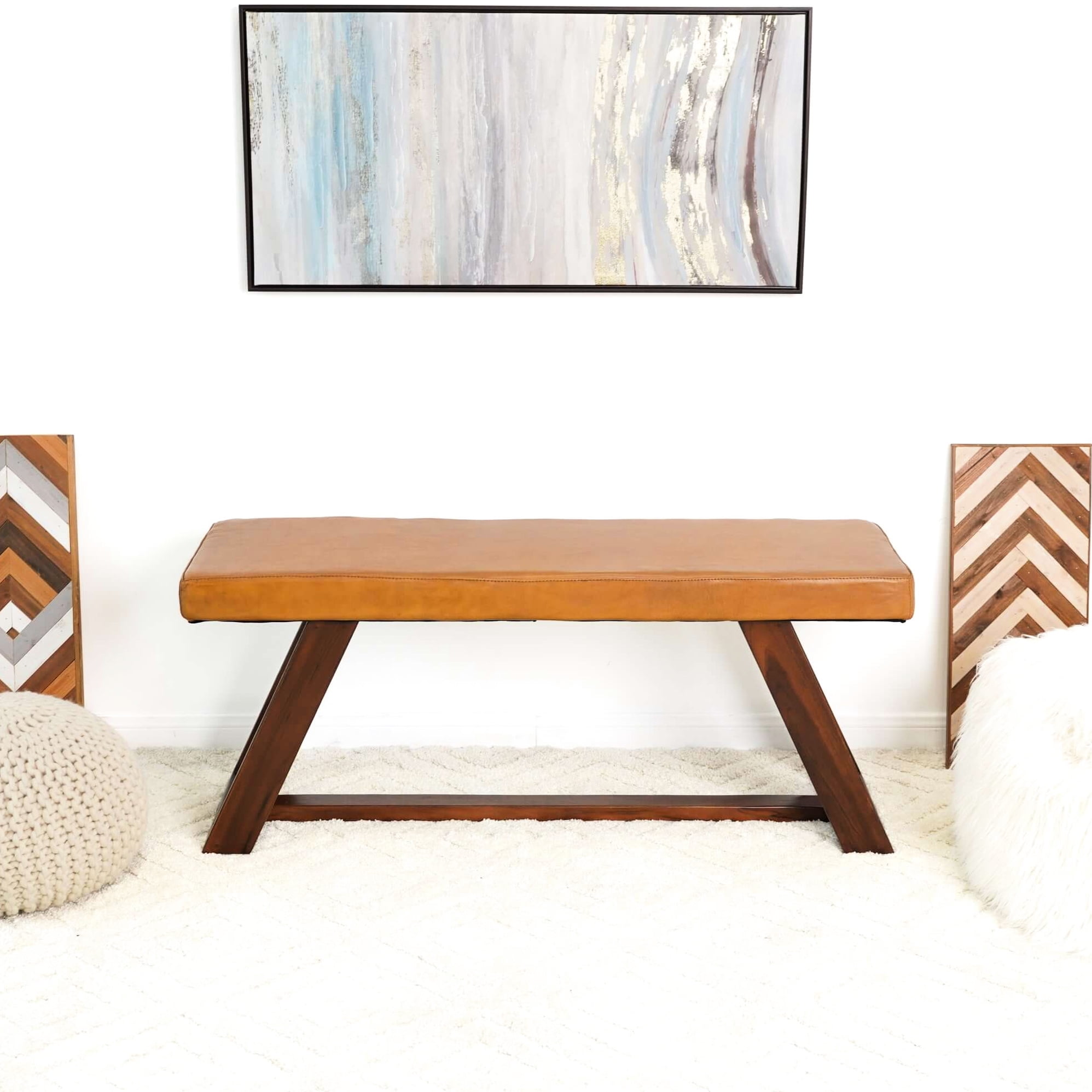 Magnificent Tan Leather Bench With Abs Details And Solid Wood Legs ...