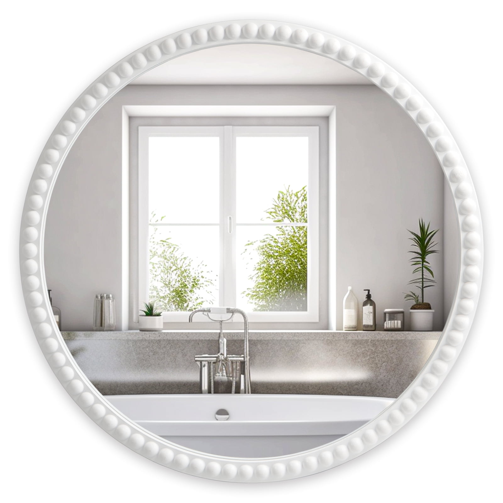 Magnifique 30inch Beaded Framed Round Mirror, Distressed White Wall ...