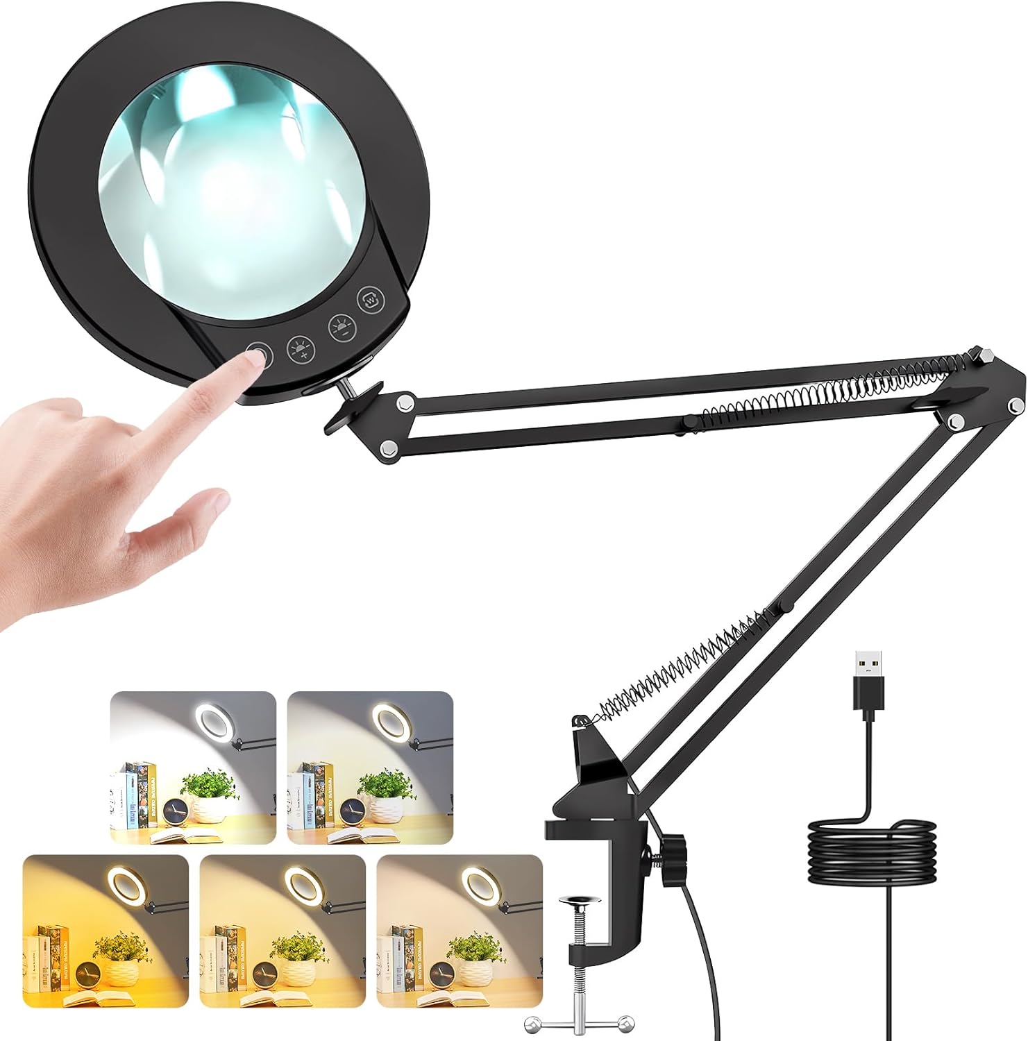 Magnifying Glass with Light and Clamp, 10X & 5 Color Modes Stepless ...