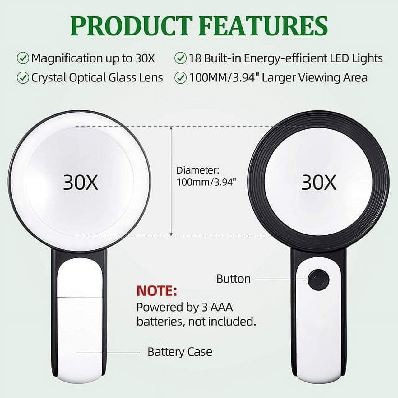 Magnifying Glass with 18 LED Light, 30x Handheld Magnifier for Reading ...