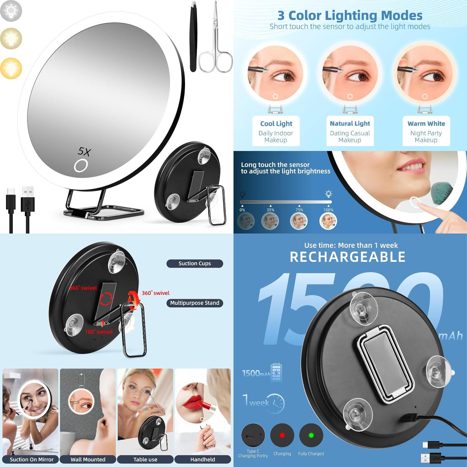 Magnifying Mirror with Light 30X Large 6” Rechargeable 3 Colors Modes ...