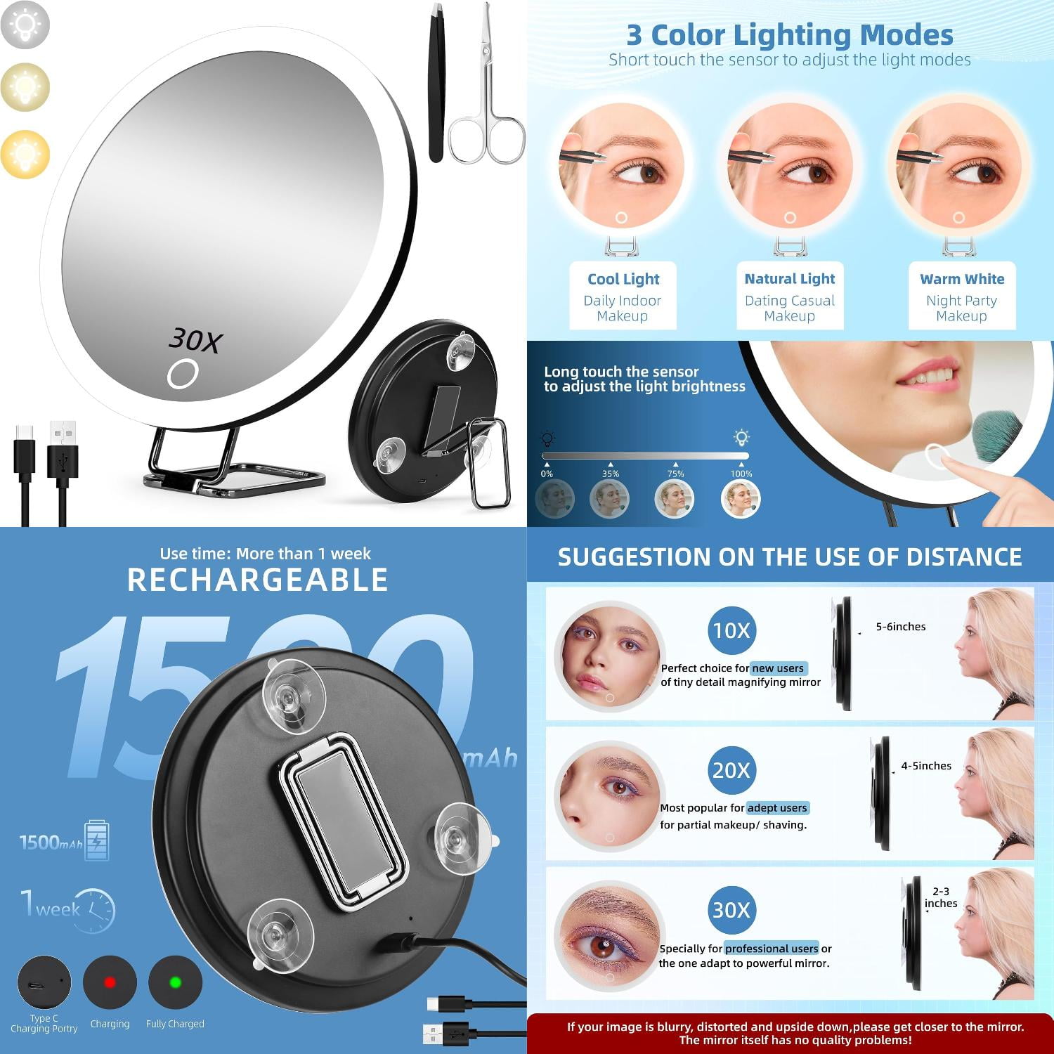 Magnifying Mirror with Light 30X Large 6” Rechargeable 3 Colors Modes ...