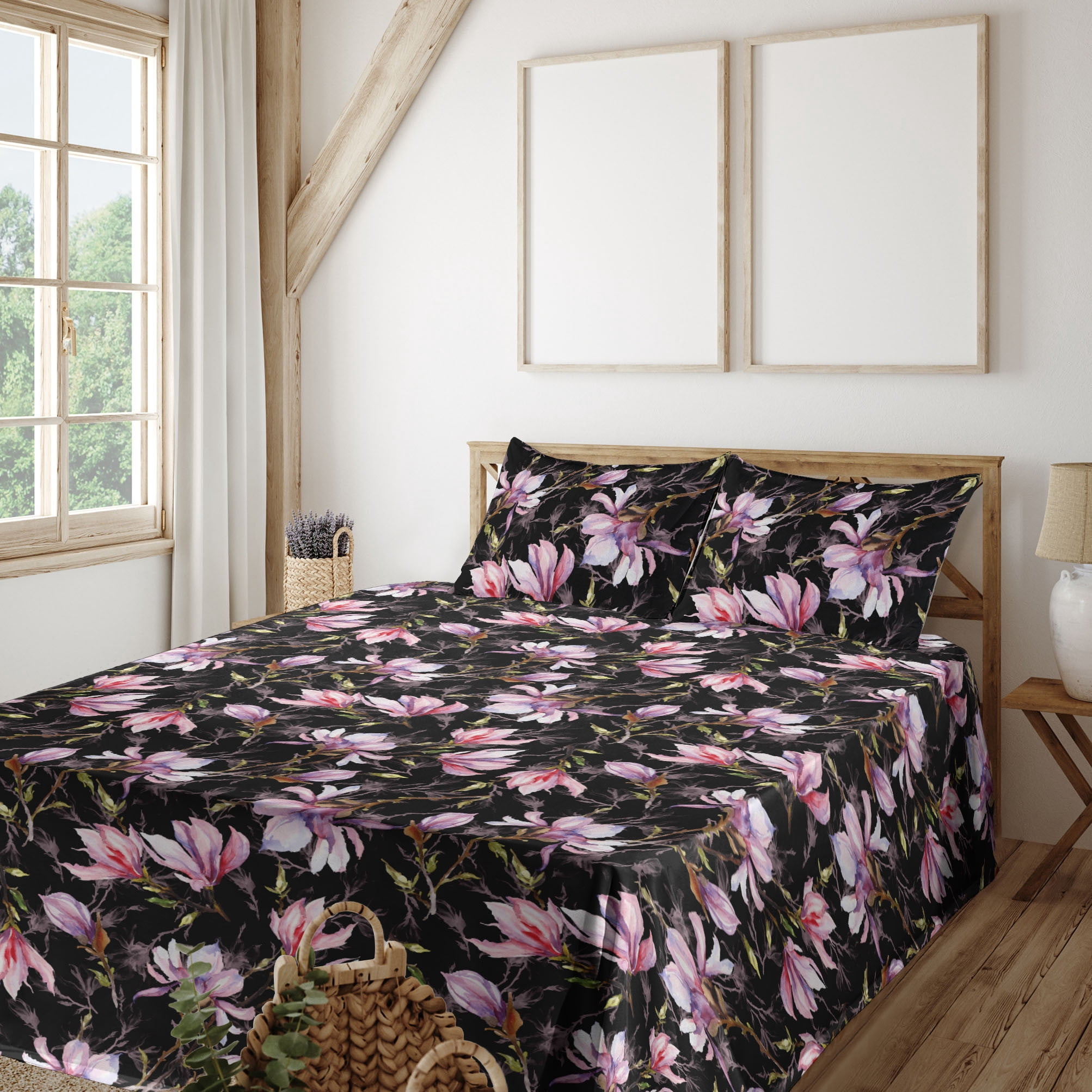 Magnolia Art Sheet Set, Melancholic Illustration of Jungle Boho Flowers with Leaves Print ...