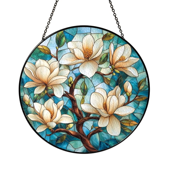 Magnolia Floral Acrylic Suncatcher, Round Stained Glass Inspired Window ...