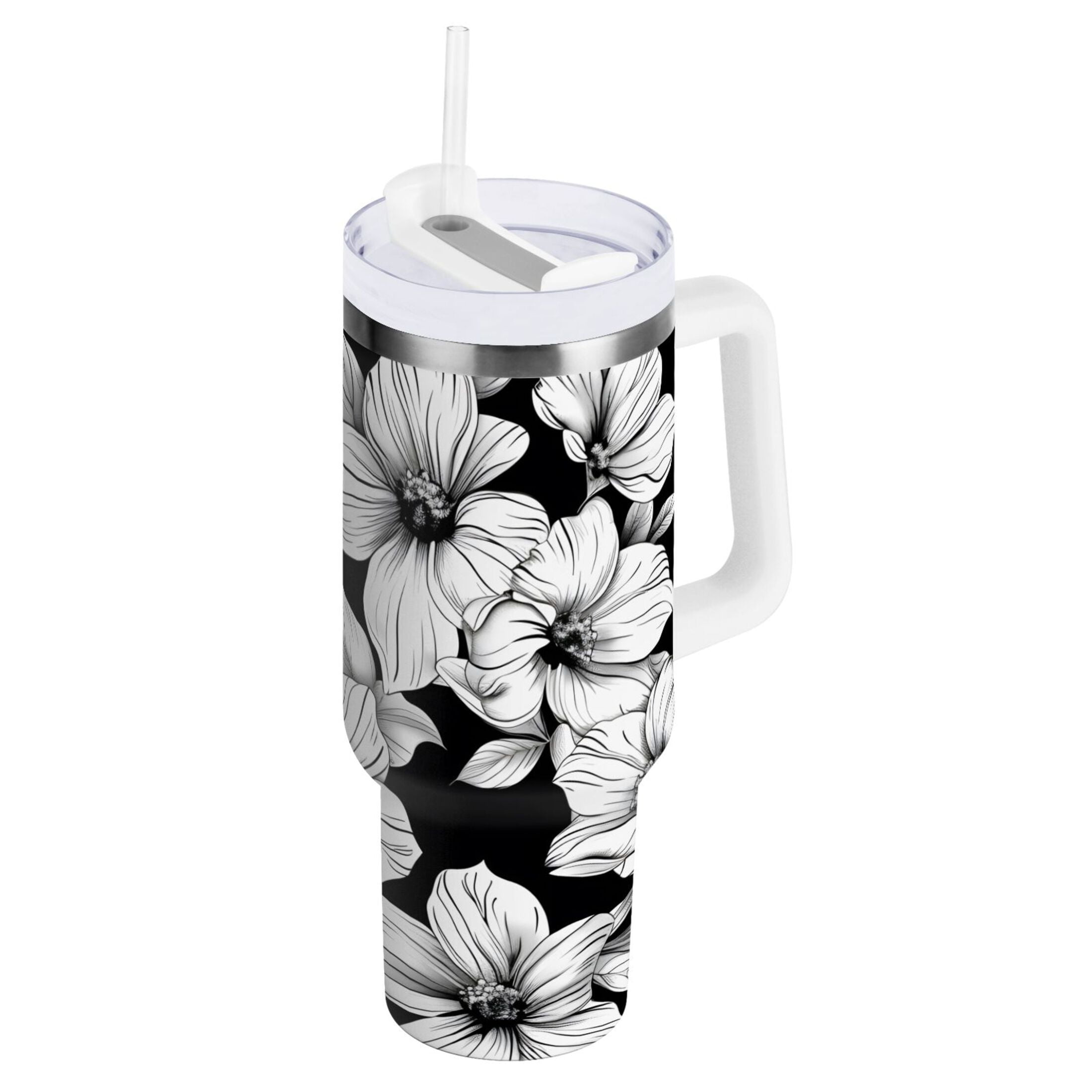 Magnolia Floral Flowers and Leaf 40 oz Tumbler with Handle and Straw ...
