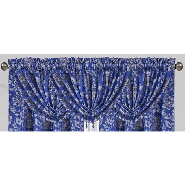 Magnolia Floral Jacquard Rod Pocket Window Valance, Navy, 50x37 Inches ...