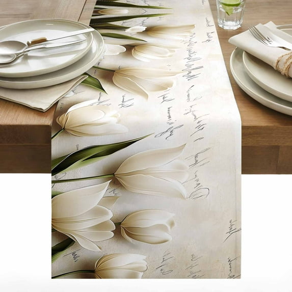 Magnolia Floral Table Runner 13x108 inch White Tulip Cotton Linen ...