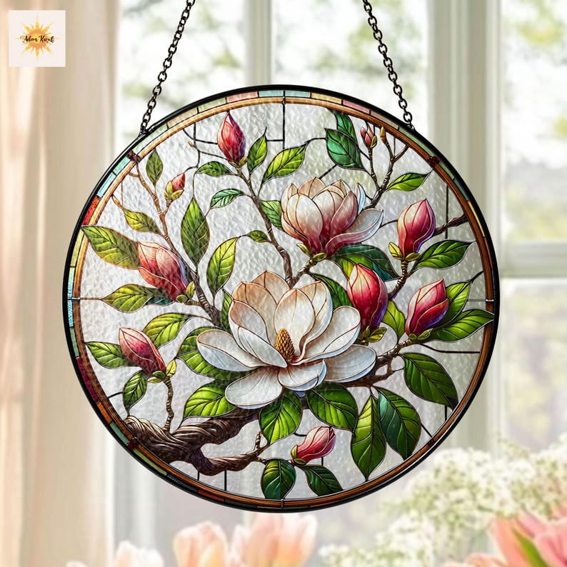 Magnolia Flower Faux Stained Glass Suncatcher | Floral Window Hanging ...