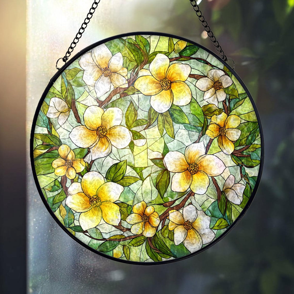 Magnolia Flower Glass Suncatcher v6, Floral Window Hanging, Spring ...