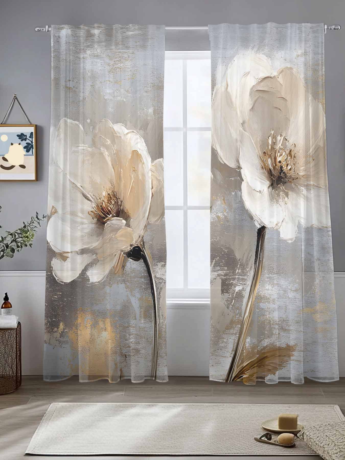 Magnolia Flower Sheer Curtains 96 Inches Long 2 Panels Flowers Oil ...