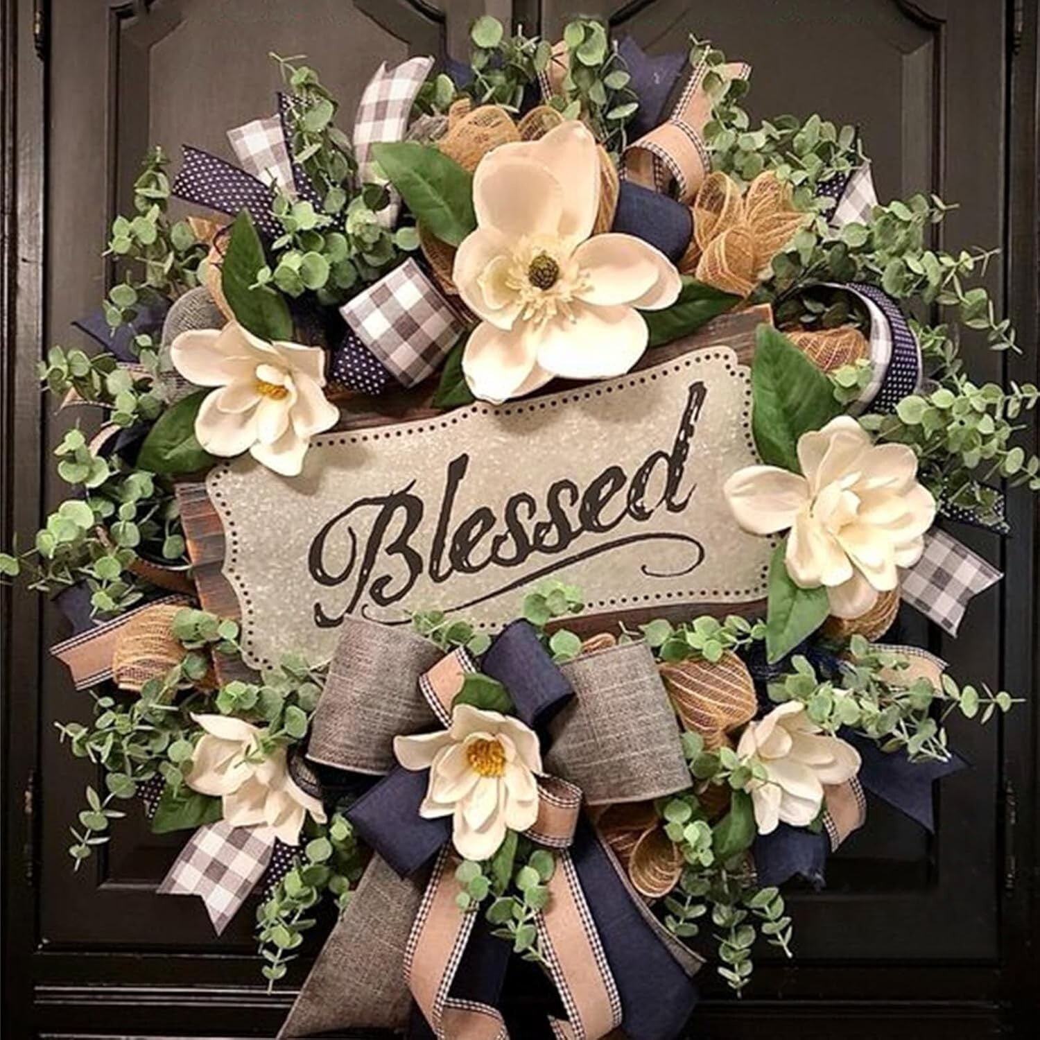Magnolia Front Door Wreath with Buffalo Plaid Bow, Farmhouse Décor ...