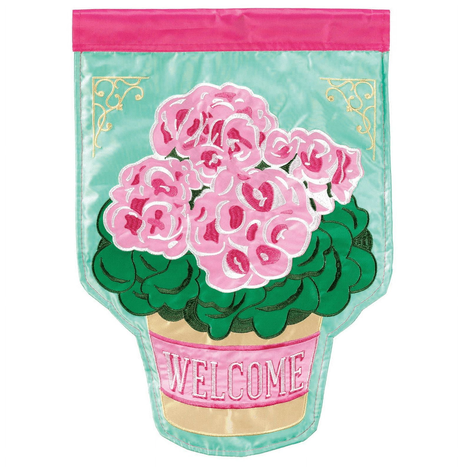 Magnolia Garden Welcome Potted Geraniums 29 x 42 Pink Polyester Outdoor ...
