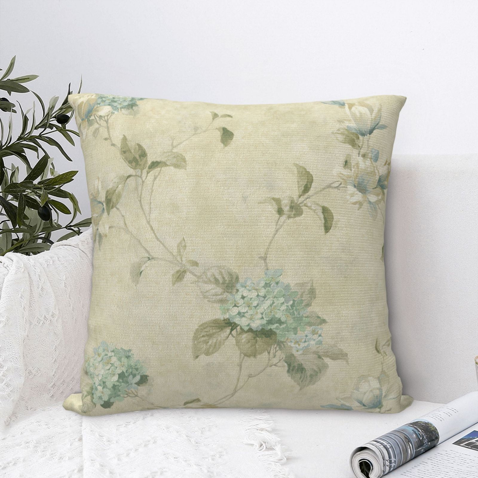 Magnolia Hydrangea Green Throw Pillow Covers Sofa Rustic Home Decor For ...