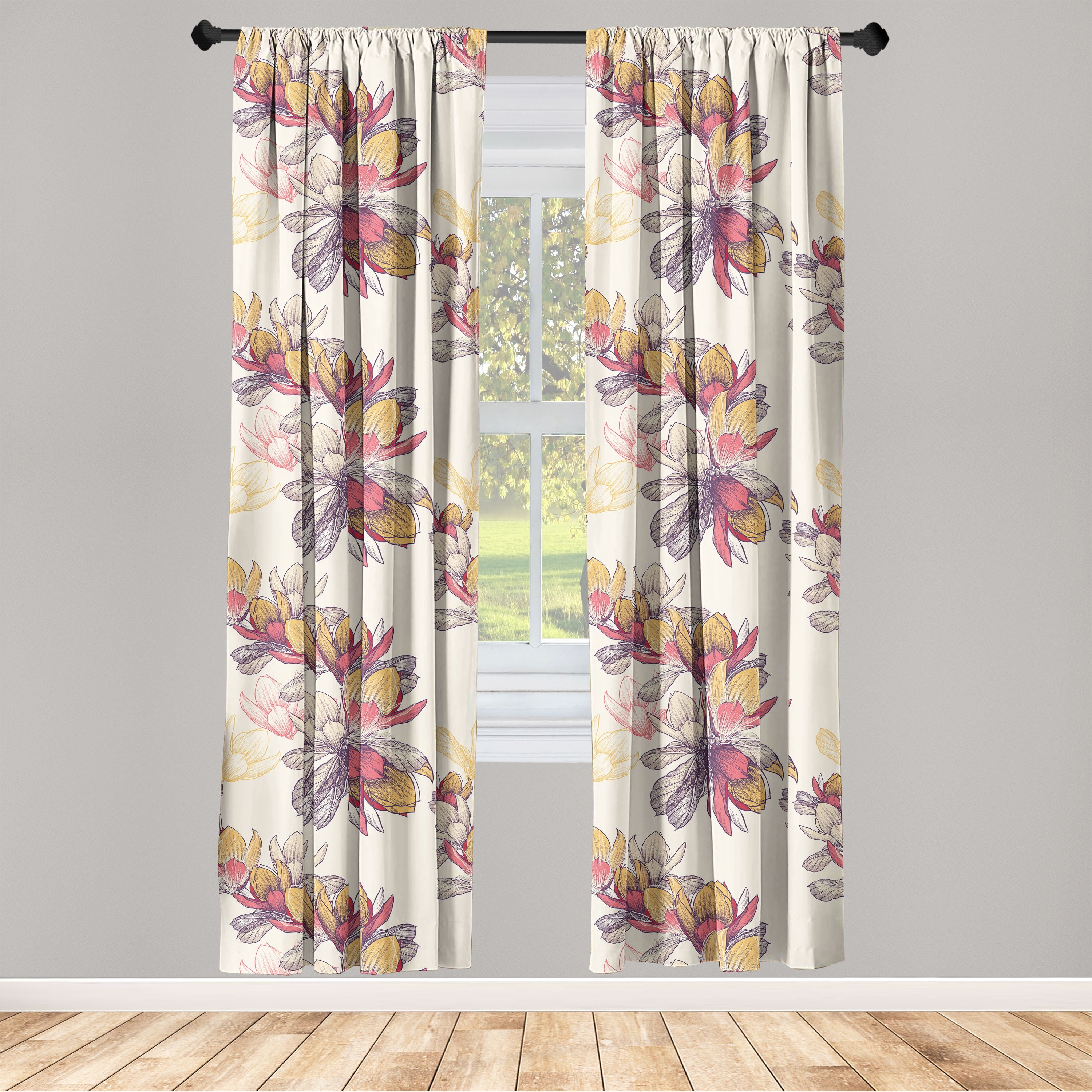Magnolia Pattern Window Curtains, Sketchy Delicate Flowers with Warm ...