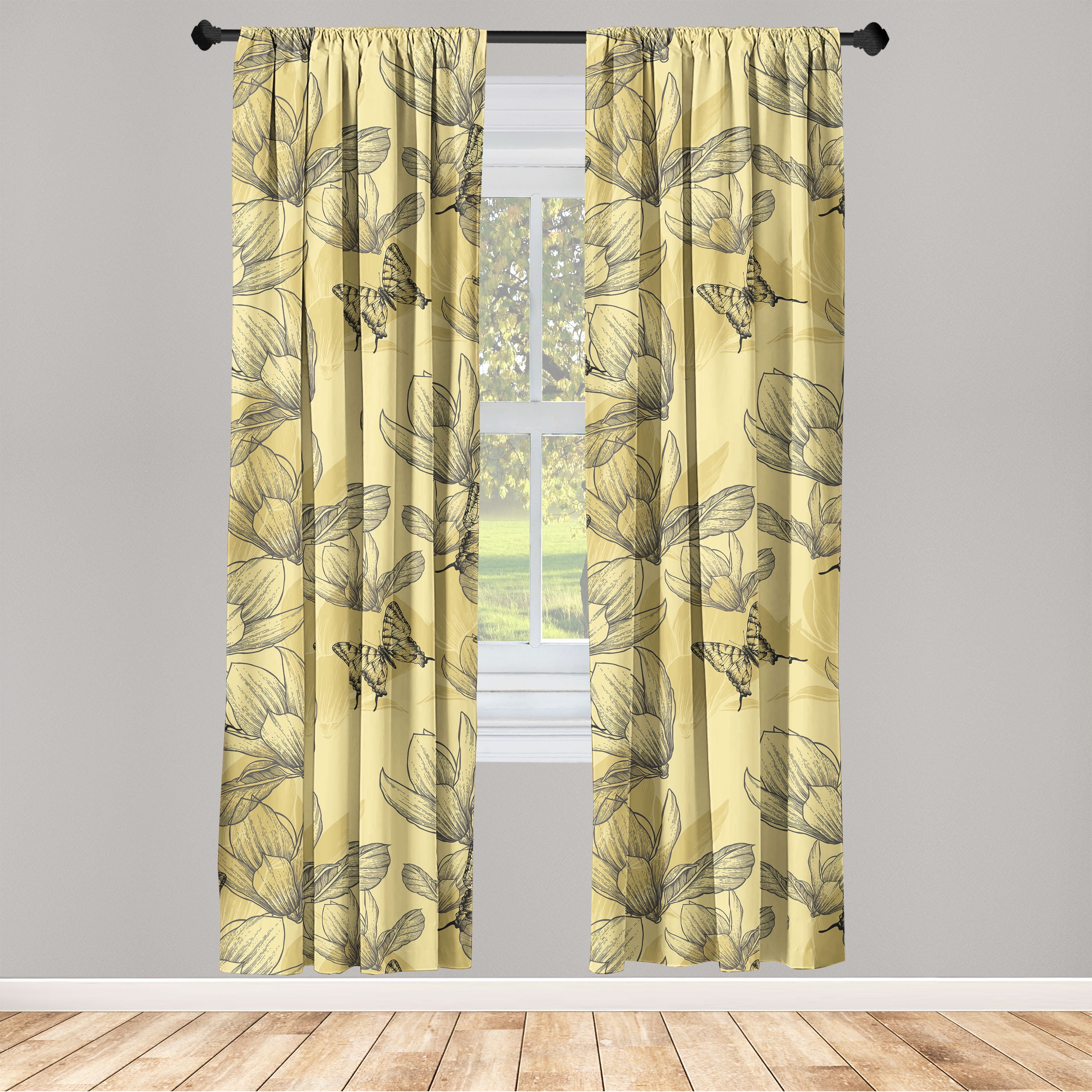 Magnolia Window Curtains, Bicolored Sketch Pattern of Butterfly and ...