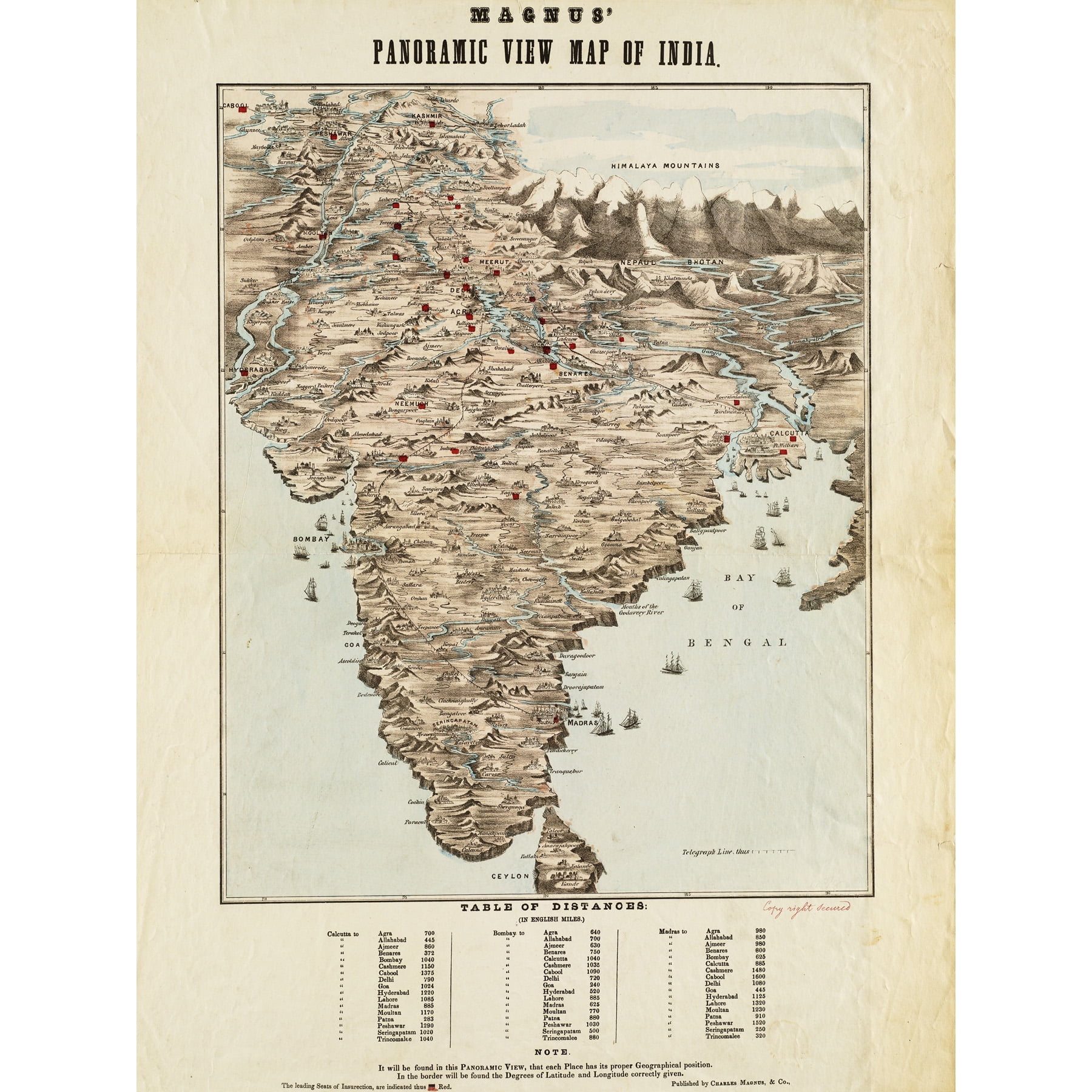 Magnus 1857 Panoramic Map India Distances Extra Large XL Wall Art ...