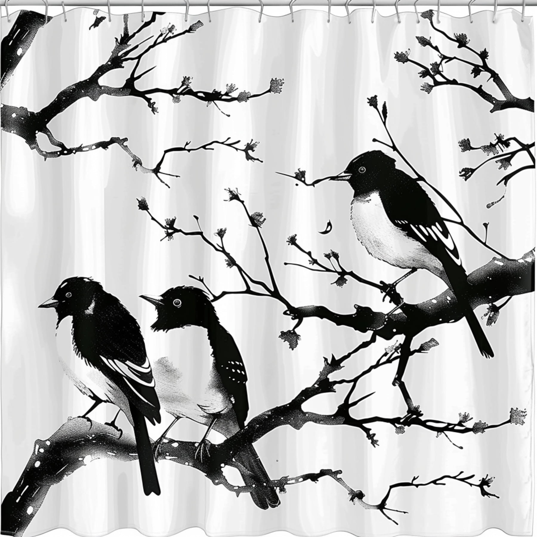 Magpie Tree Branches Shower Curtain Black and White Illustration No ...