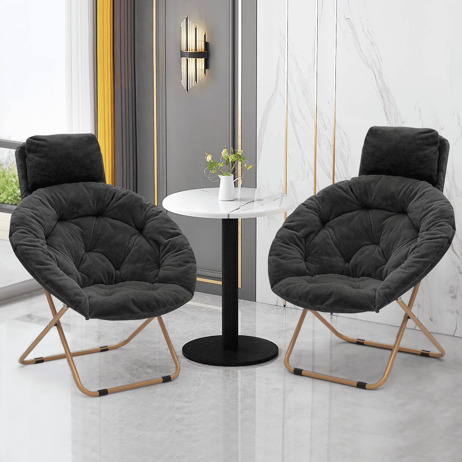 Magshion 2 Pieces Faux Fur Saucer Chairs with Pillow, Folding Accent ...