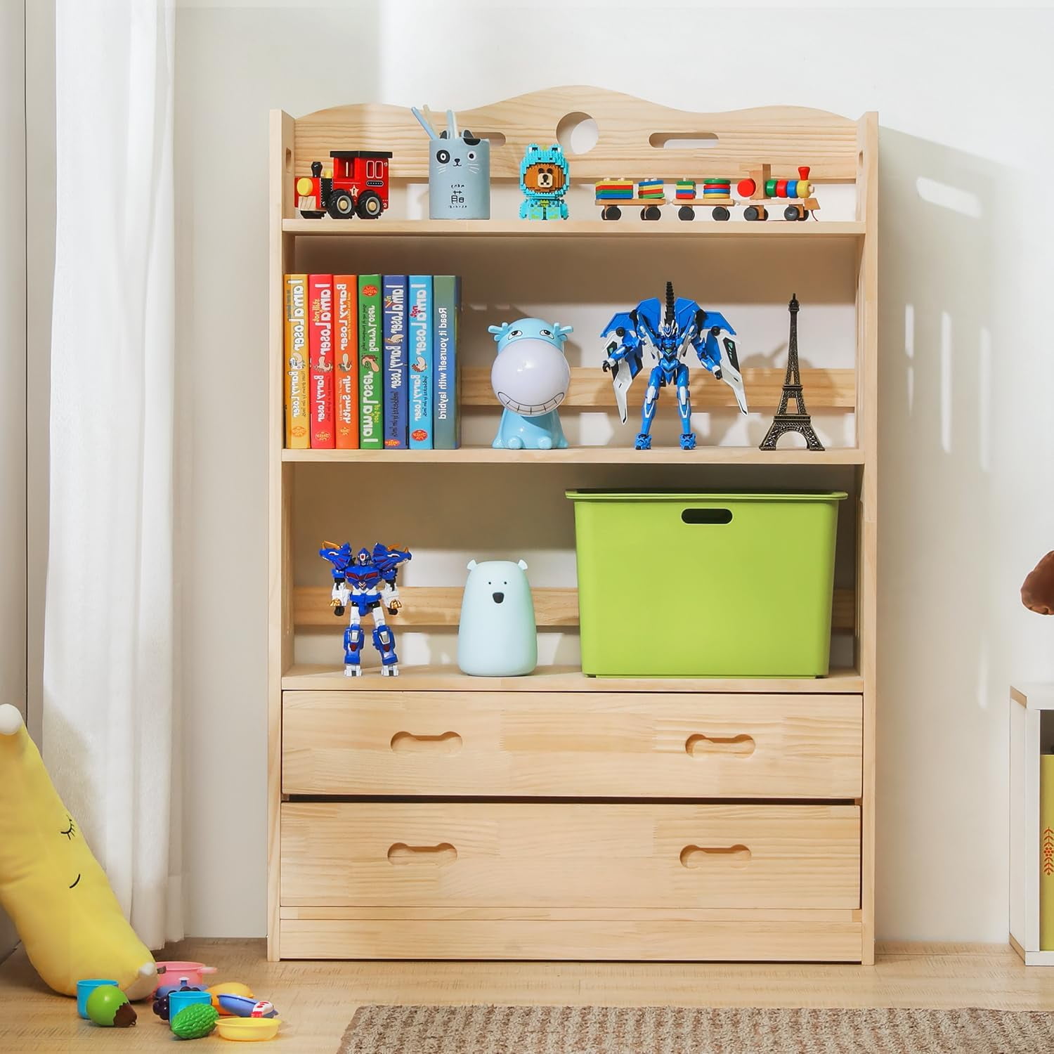 Magshion 3-Shelf Wood Bookshelf with 2 Drawers, Wooden Bookcase Natural ...