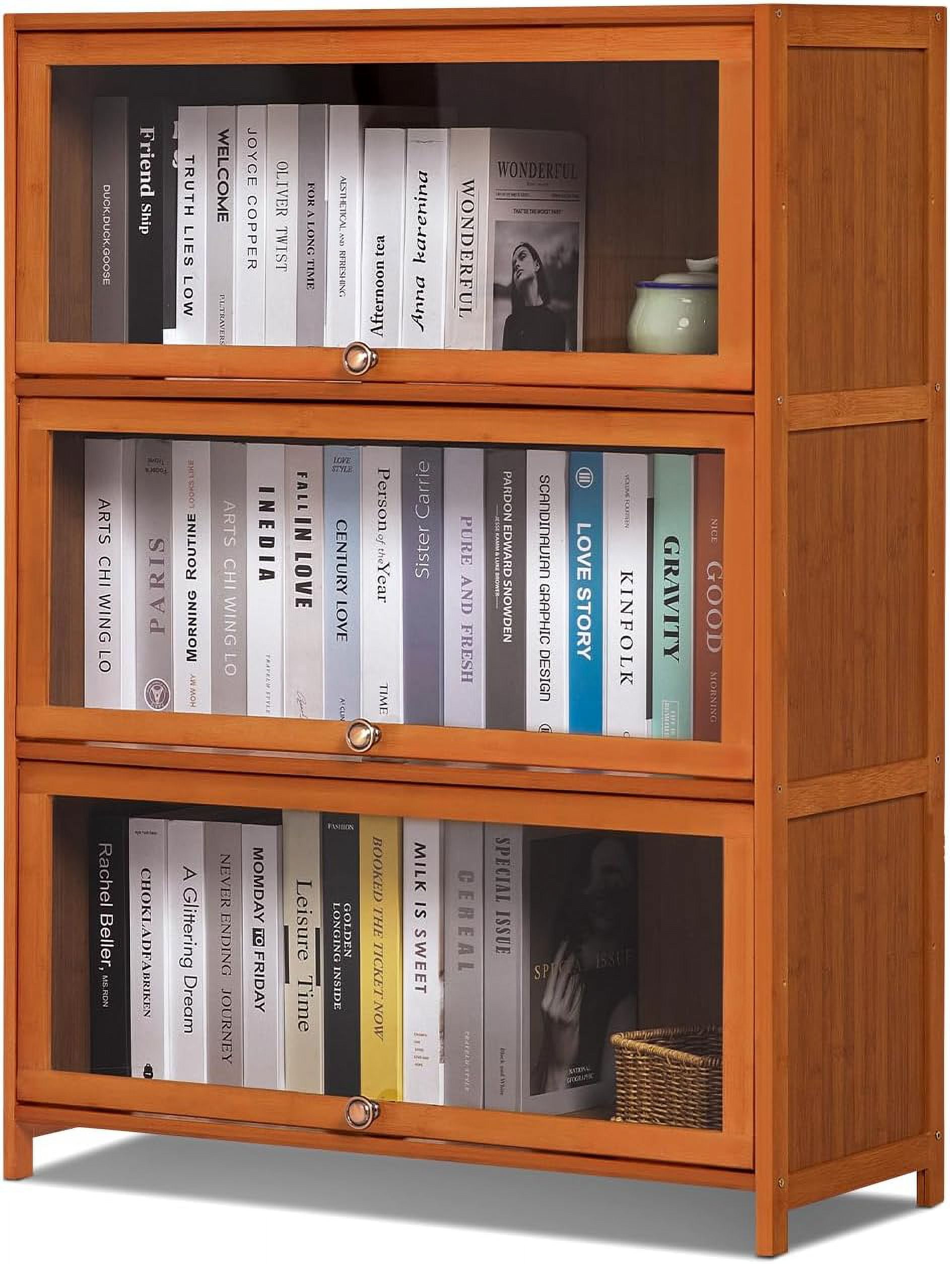 Magshion 3-Tier Bookcase with Clear Acrylic Flip-Up Doors, Bamboo ...