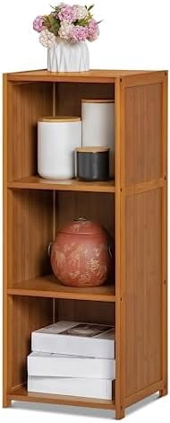 Magshion 3-Tier Narrow Bookcase, Small Bookshelf Brown Media Tower Rack ...