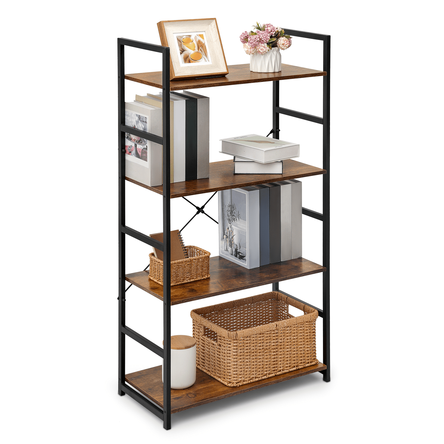 Magshion Industrial Bookcase with 4 Open Shelves, Metal Frame, Storage ...