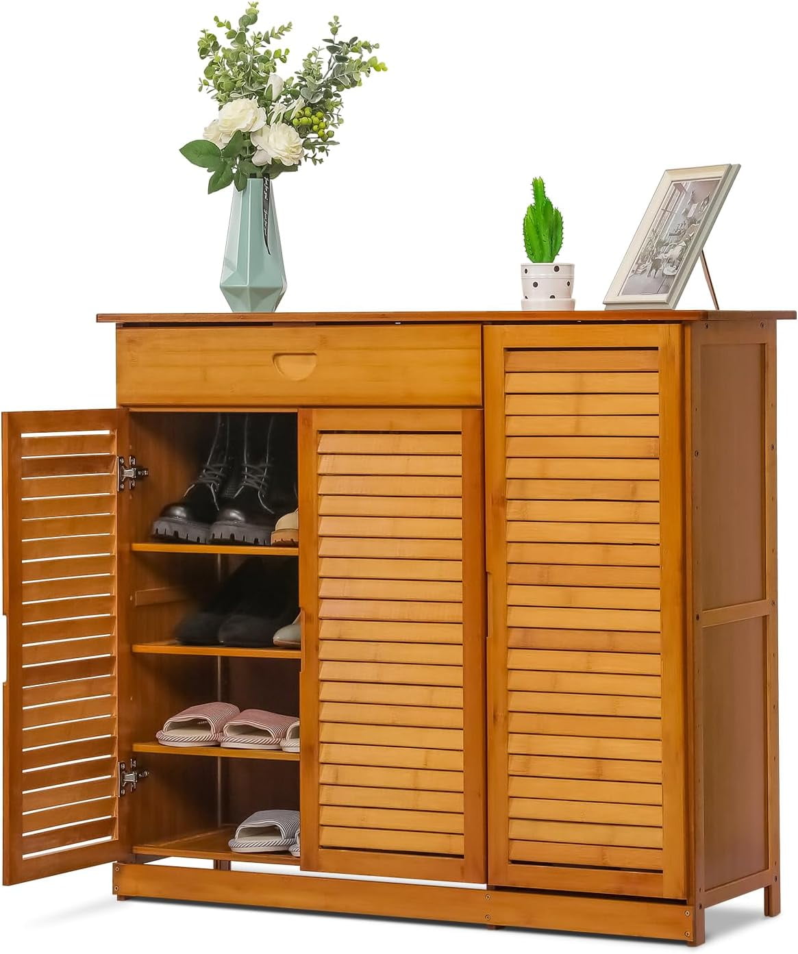 Magshion 4 Tier Bamboo Shoe Storage Cabinet with Drawer & Shutter Door ...