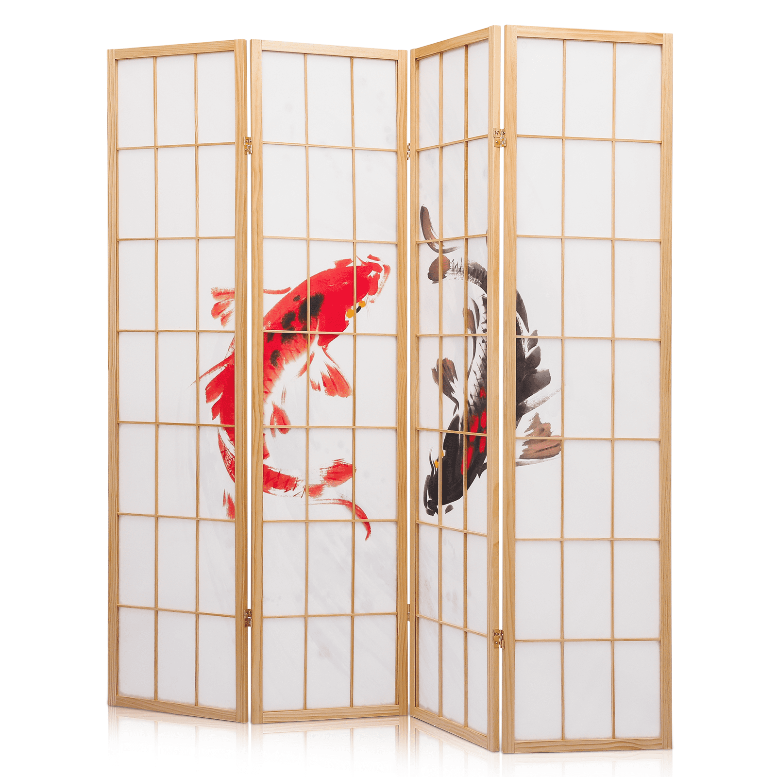 Magshion 6ft 4 Panel Room Divider, Koi Fish Pattern, Wooden Frame ...