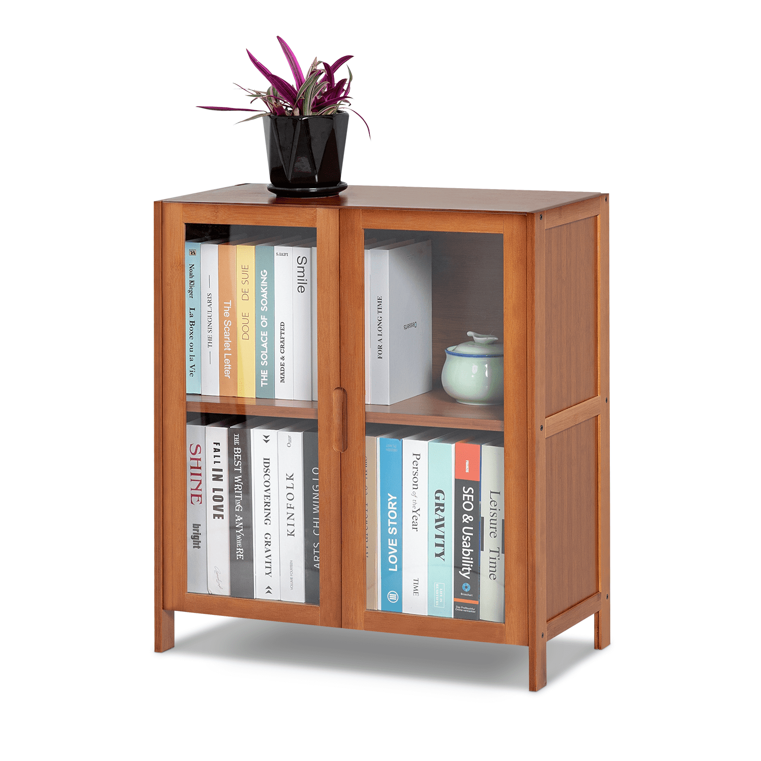 Magshion Bamboo 2 Tier Bookcase, Storage Cabinet with Transparent Door, Brown, for Living Room ...