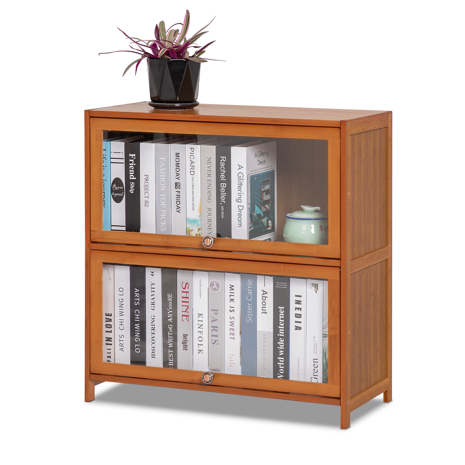 Magshion Bamboo 2 Tiers Bookcase with Acrylic Doors, Book Shelf Storage ...