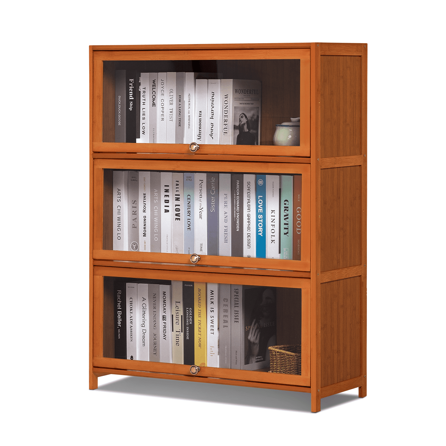 Magshion Bamboo 3-Tier Bookshelf with Acrylic Door, Display Shelves for ...