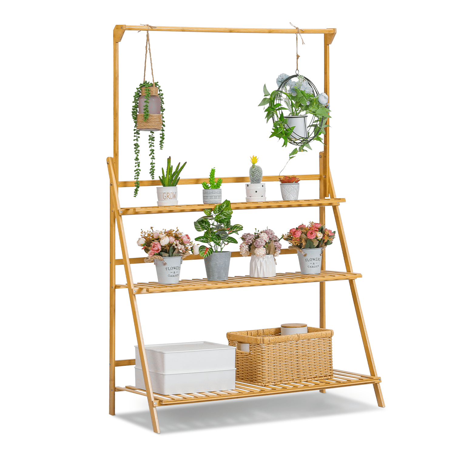 Magshion Bamboo 3 Tiers Plant Stand, Adjustable Hanging Rod Flower Rack ...