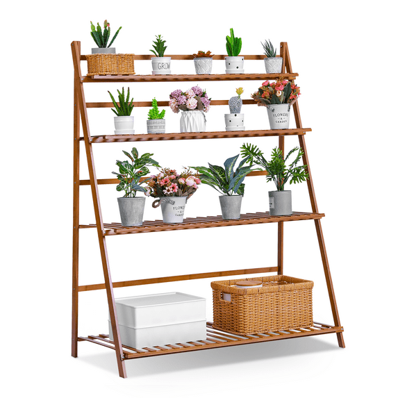 Magshion Indoor/Outdoor Bamboo 4 Tiers Folding Plant Stand, Portable ...