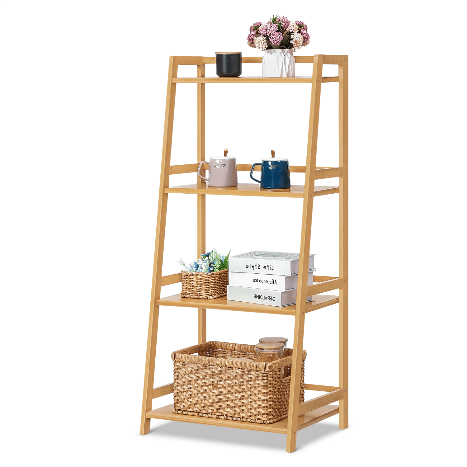 Magshion Bamboo 4 Tiers Trapezoid Open Bookshelf, Stable Storage ...