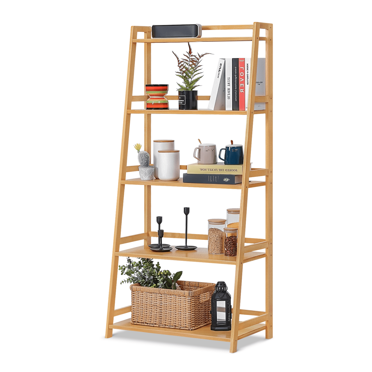 Magshion Bamboo Bookshelf, 5 Shelves Trapezoid Bookcase, Durable ...