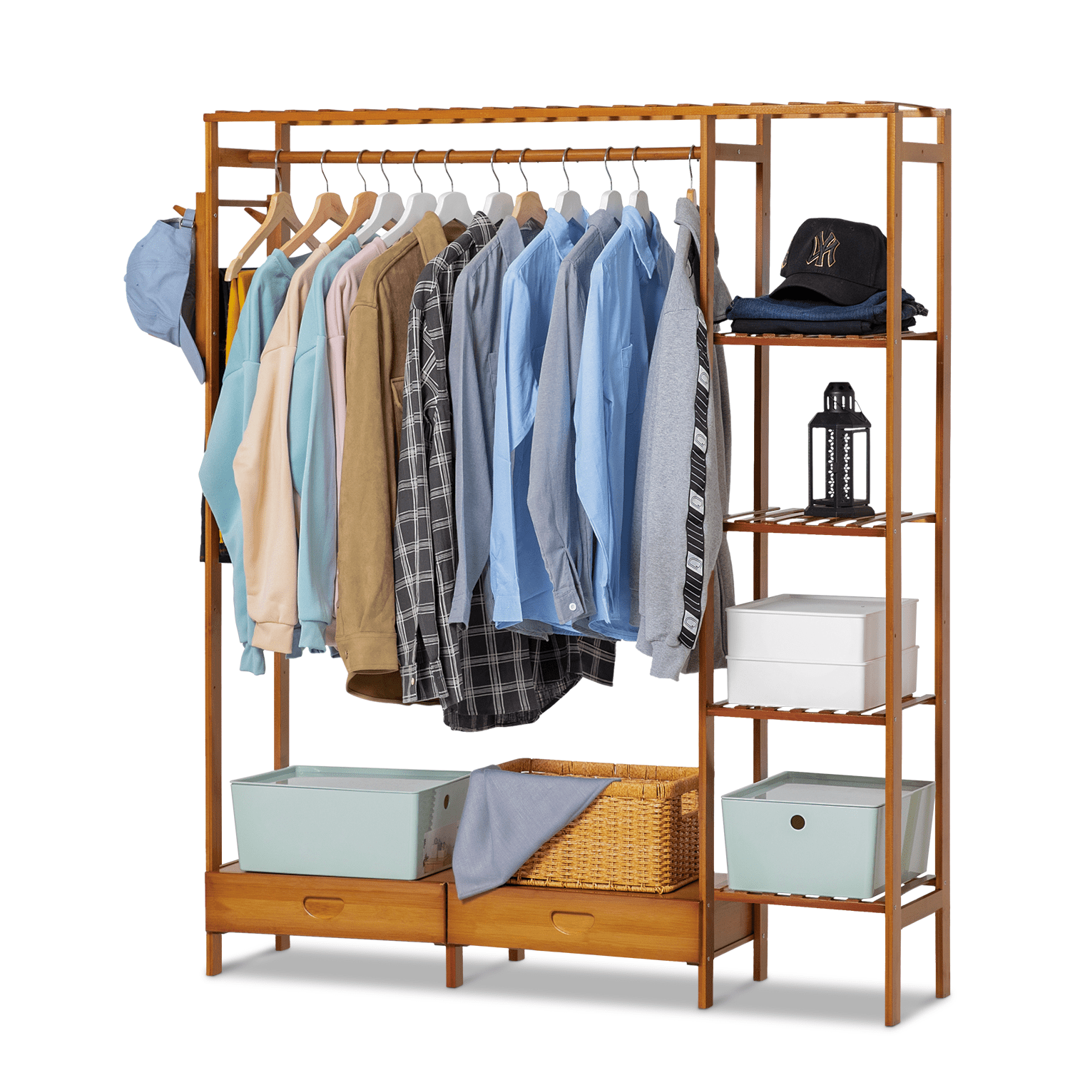 Magshion Bamboo 5 Tiers 2 Drawers Closet Organizer, with Hanging Rob ...