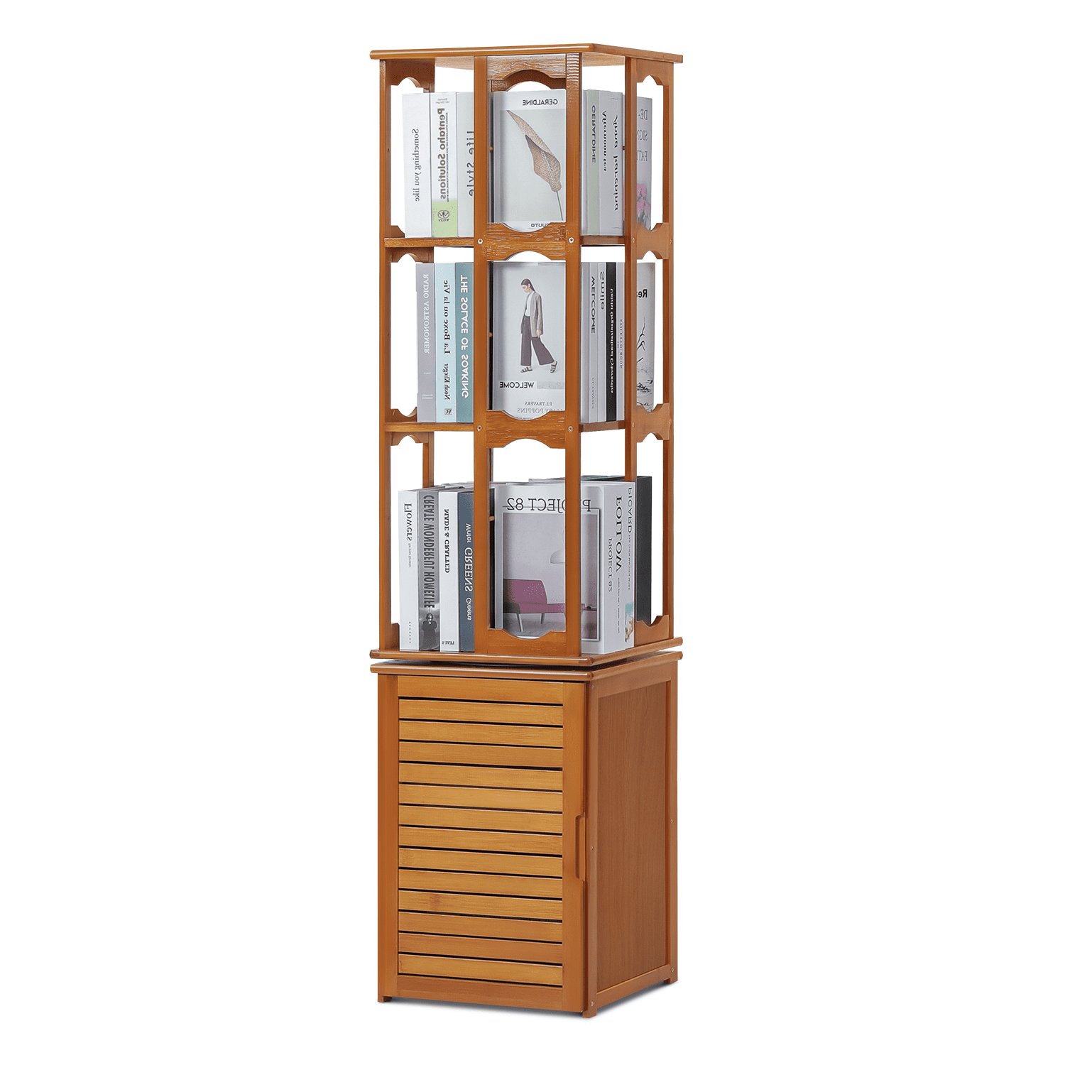 Magshion Bamboo 5 Tiers Open Bookcase with Door, Rotating Bookshelf ...