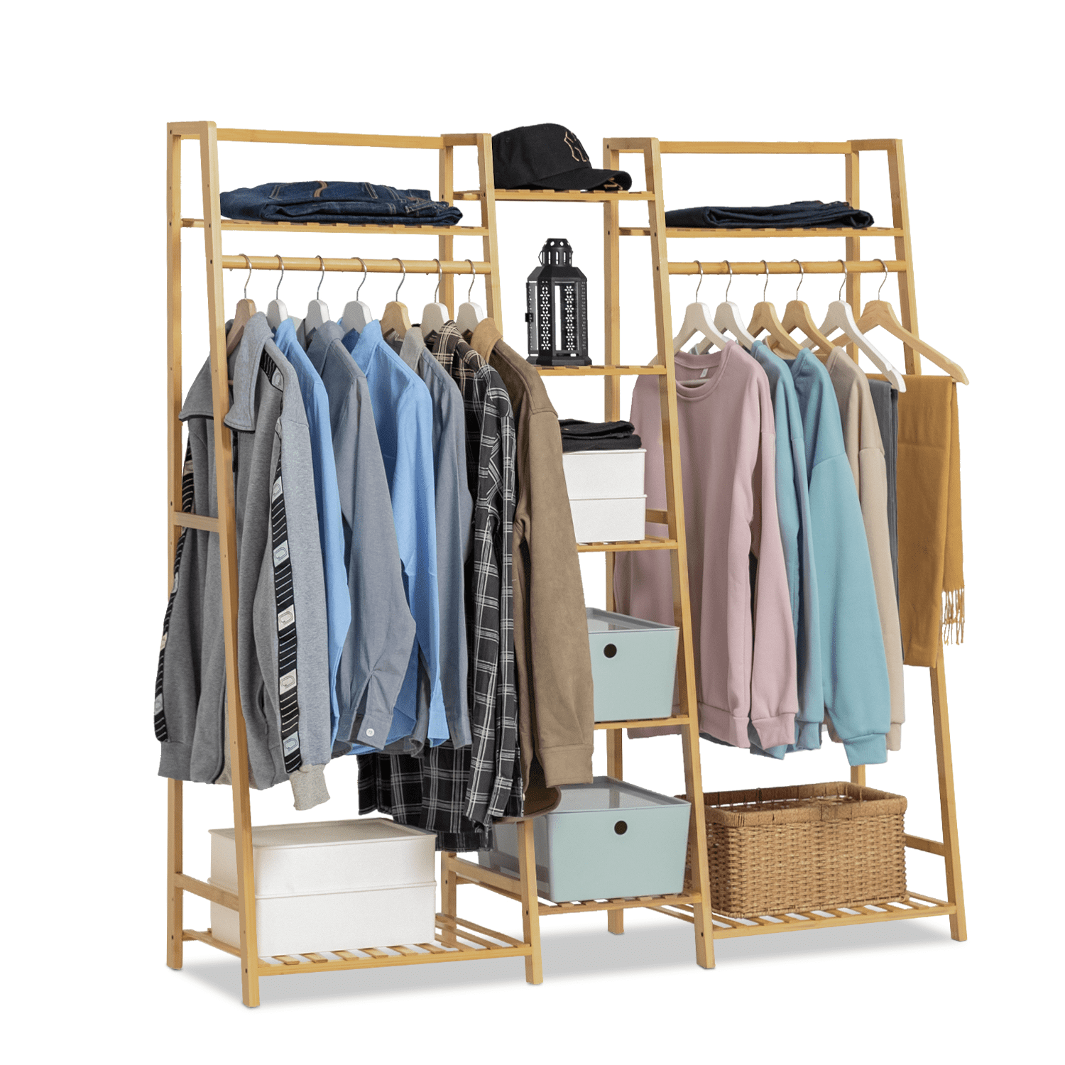 Magshion Bamboo 5 Tiers Trapezoid Coat Rack, Double Hanging Rods ...