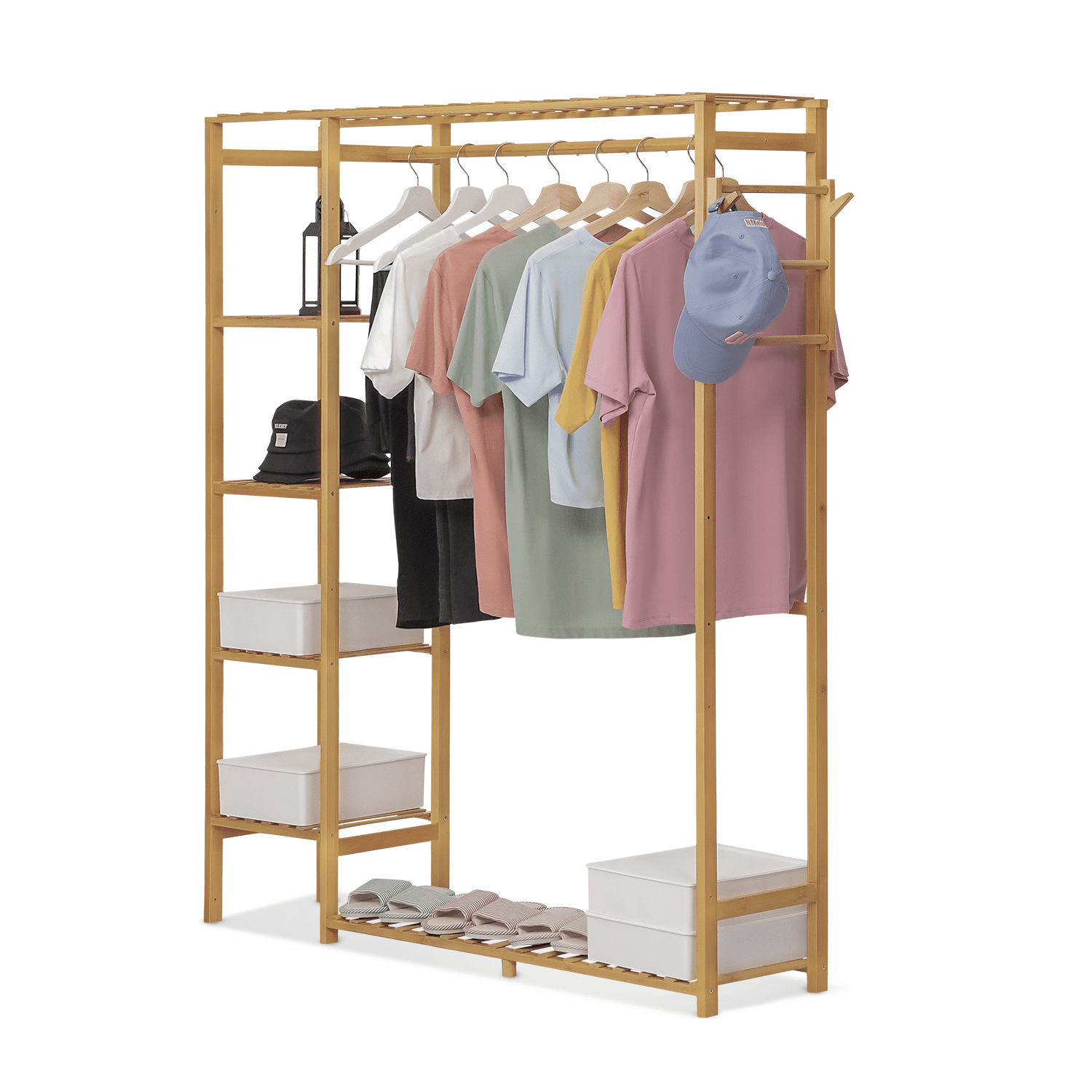 Magshion Bamboo 6 Tiers Modern Closet Organizer Wardrobe, Hat Hooks ...