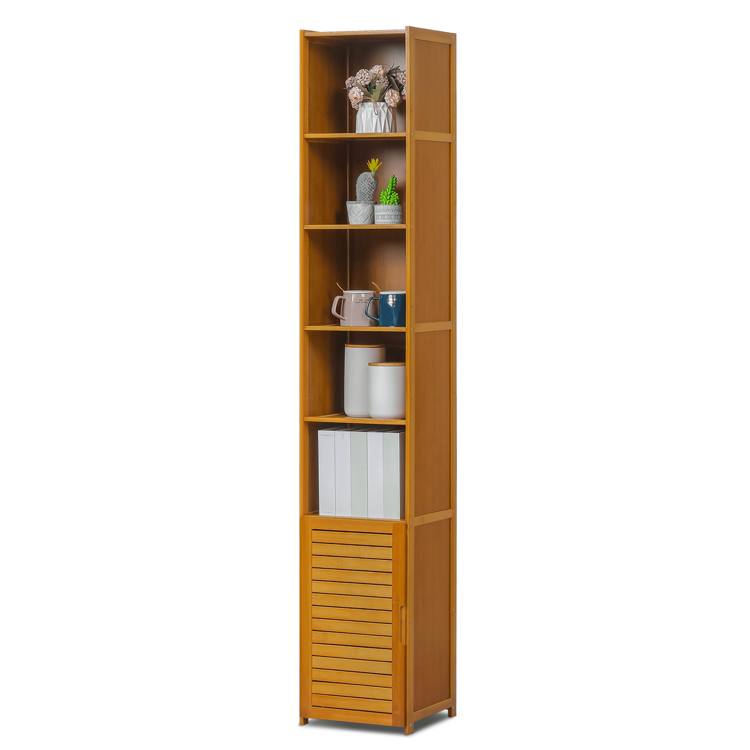 Magshion Bamboo Tall Cabinet, 7 Shelves, Shutter Door, Brown, Kitchen ...